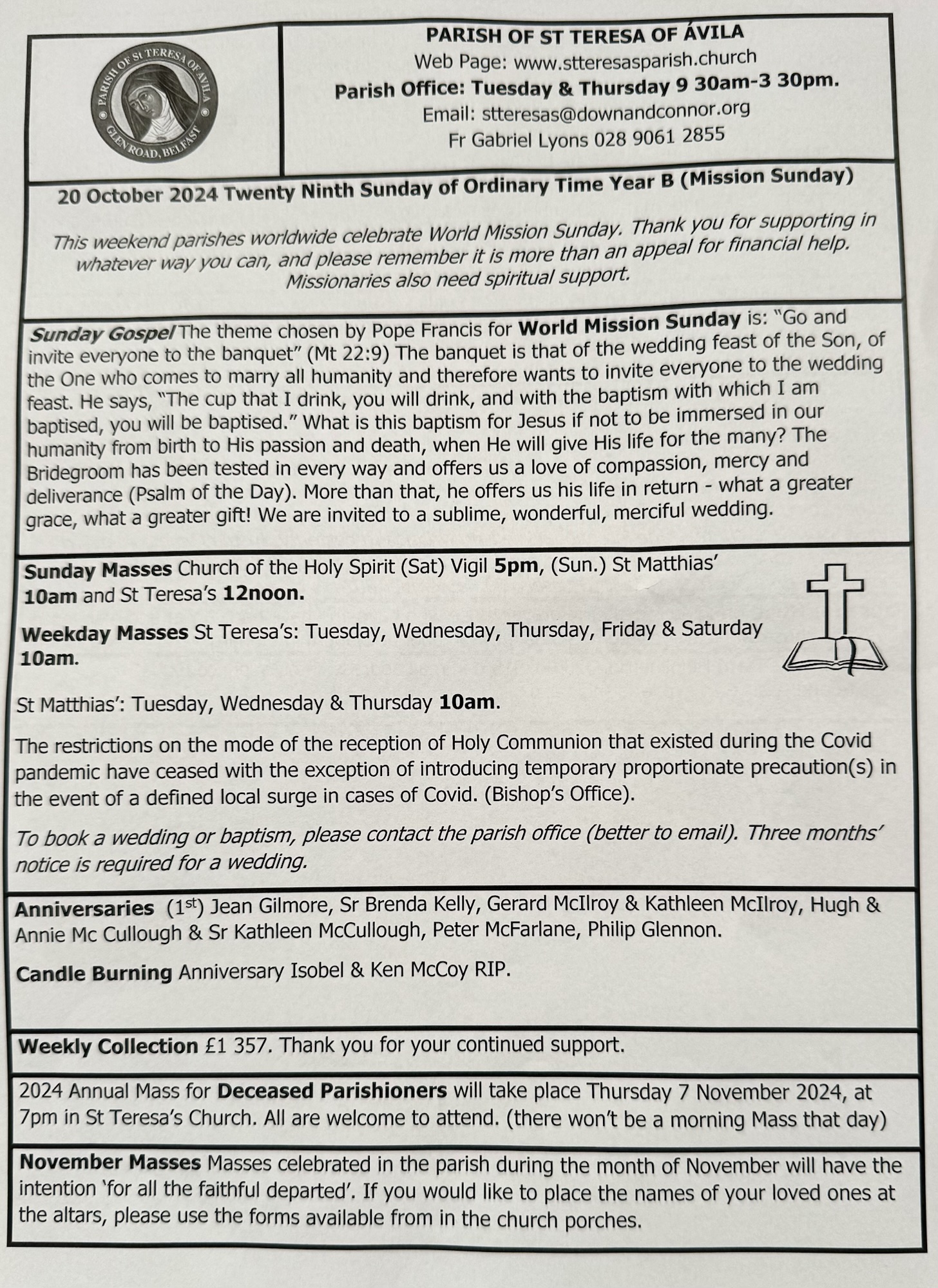 The St Teresa’s Parish Bulletin for Sunday, 20th October 2024 – The ...