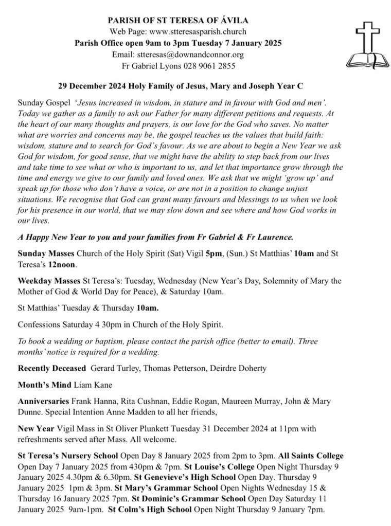 The St Teresa’s Parish Bulletin for Sunday, 29th December 2024 – The ...